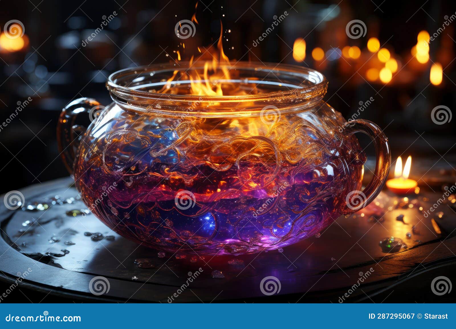 Witch Cauldron with Boiling Luminous Potion and Various Magic Ritual ...