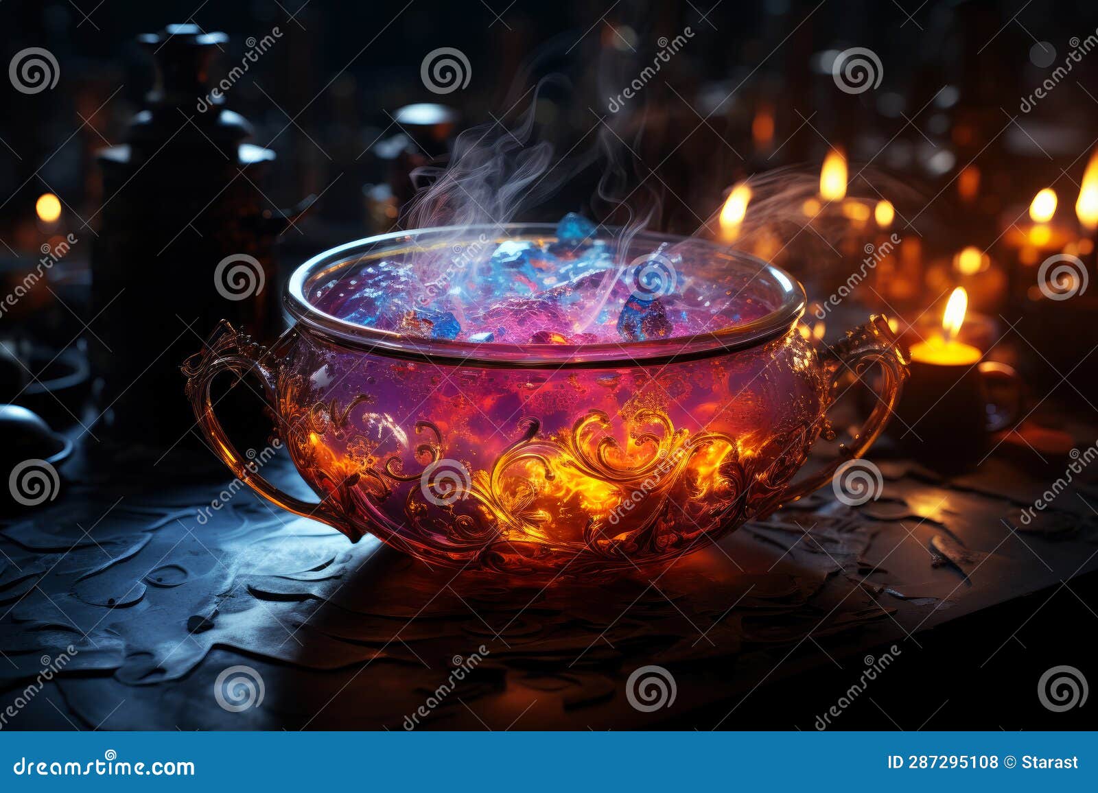 Witch Cauldron with Boiling Luminous Potion and Various Magic Ritual ...