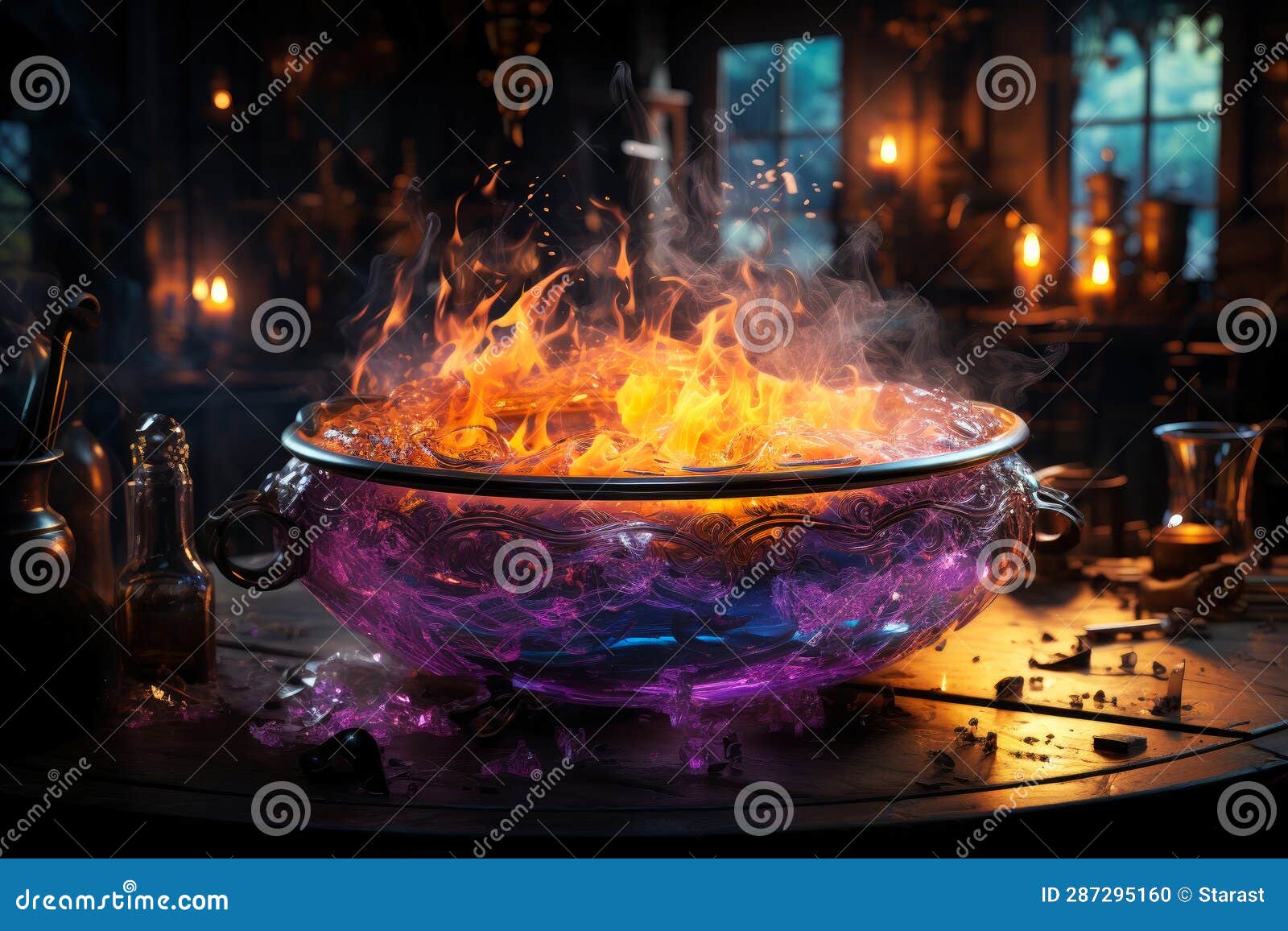 Witch Cauldron with Boiling Luminous Potion and Various Magic Ritual ...