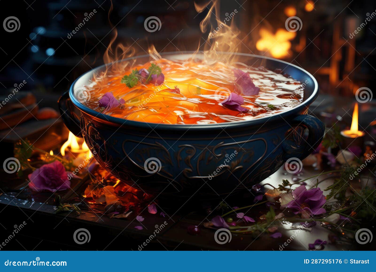 Witch Cauldron with Boiling Luminous Potion and Various Magic Ritual ...
