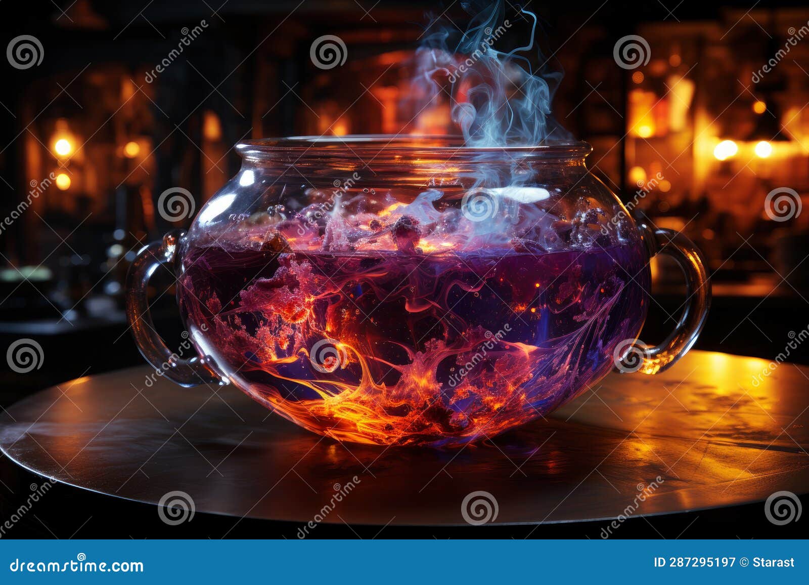 Witch Cauldron with Boiling Luminous Potion and Various Magic Ritual ...
