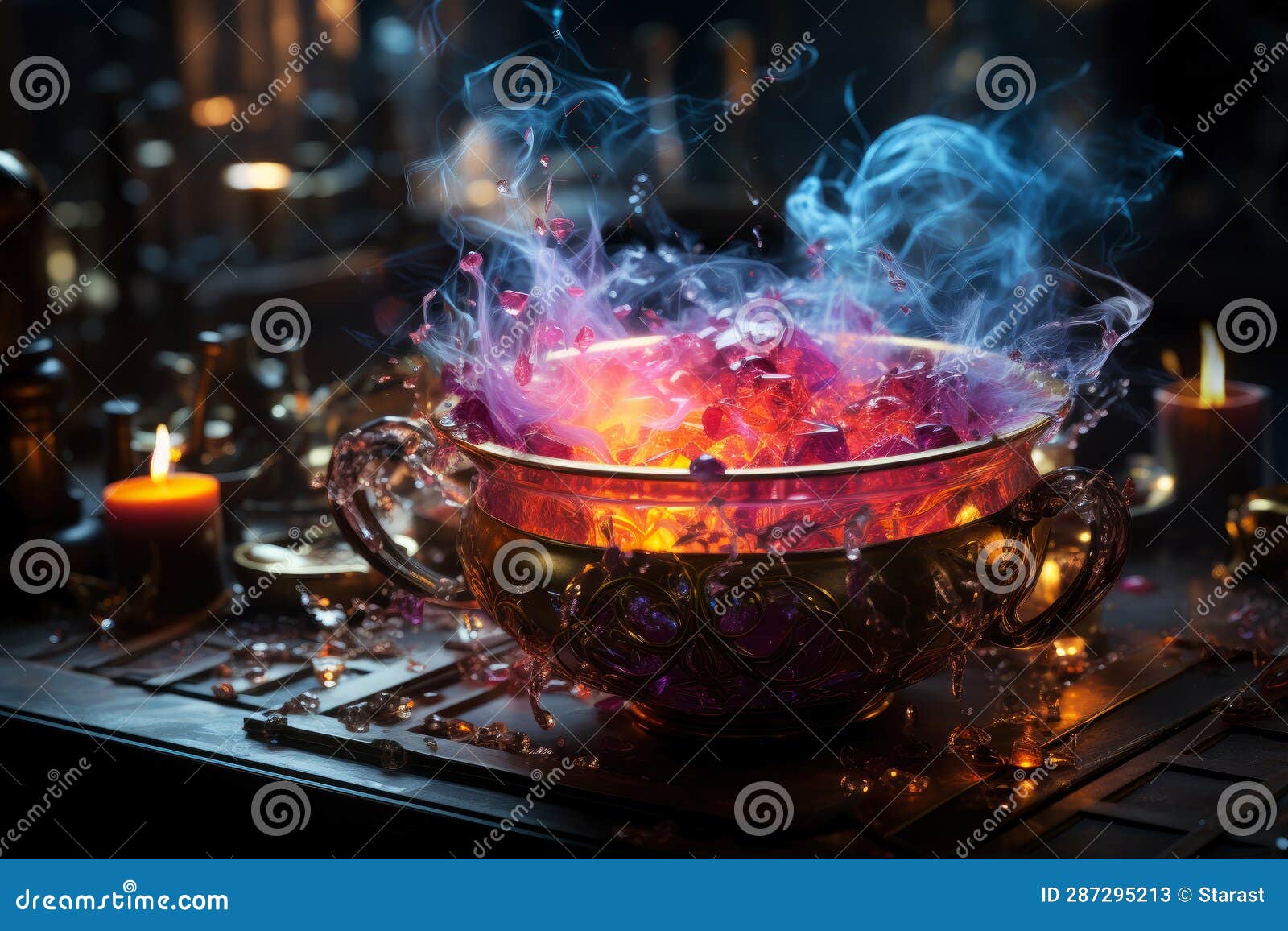 Witch Cauldron with Boiling Luminous Potion and Various Magic Ritual ...