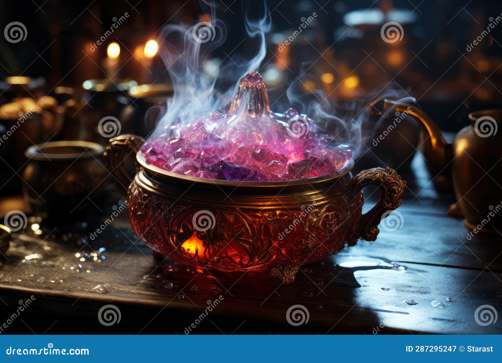 Witch Cauldron with Boiling Luminous Potion and Various Magic Ritual ...