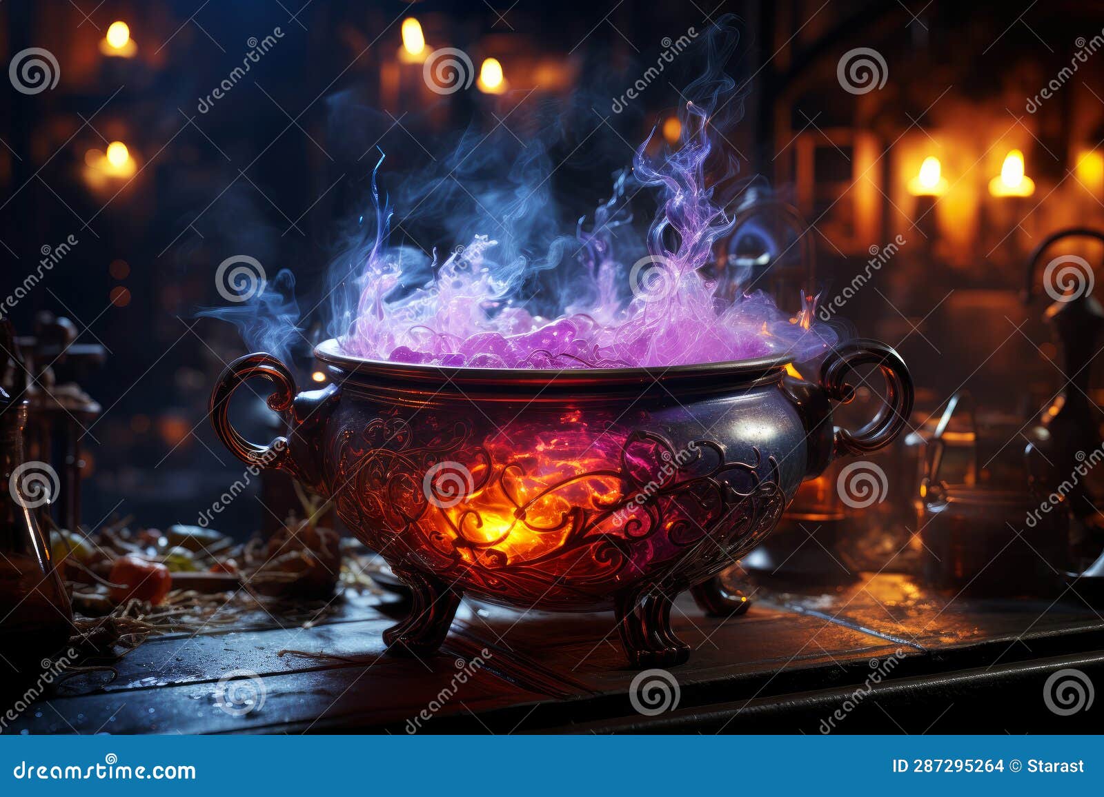 Witch Cauldron with Boiling Luminous Potion and Various Magic Ritual ...
