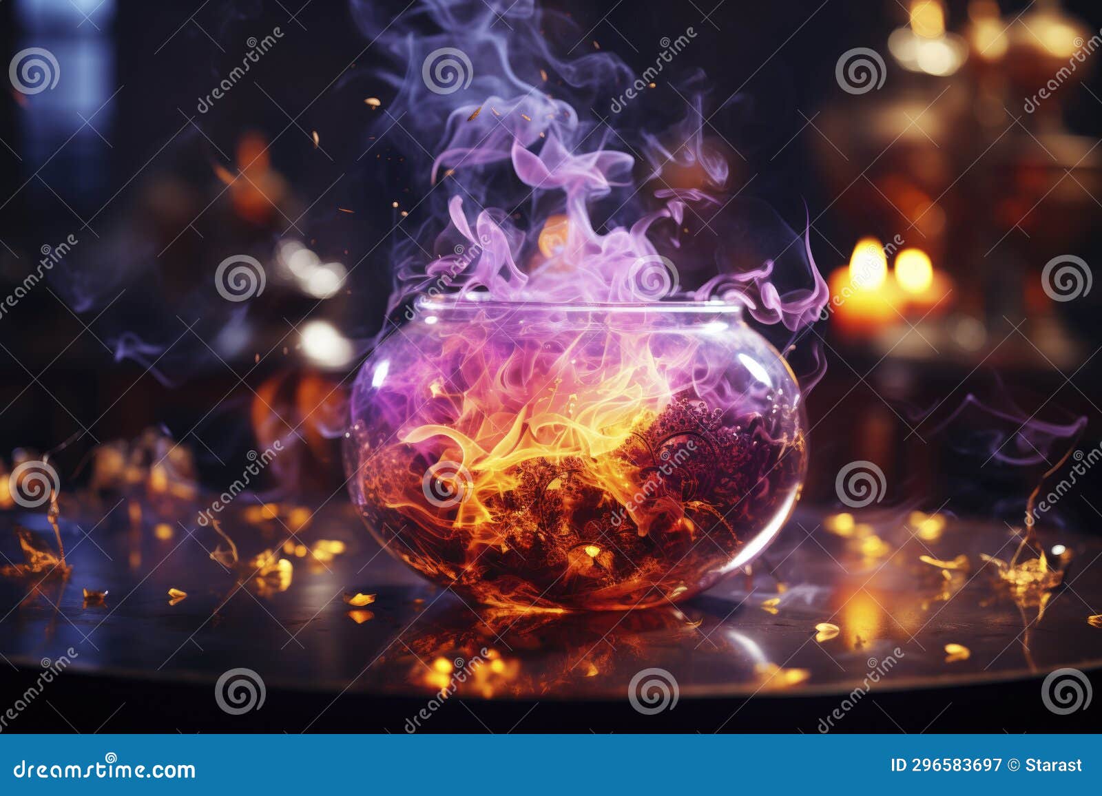 Witch Cauldron with Boiling Luminous Potion and Various Magic Ritual ...