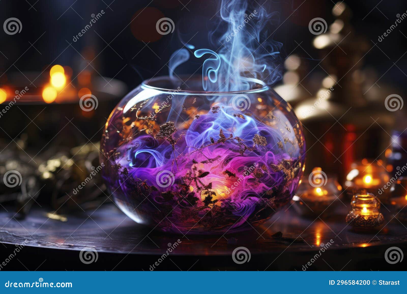 Witch Cauldron with Boiling Luminous Potion and Various Magic Ritual ...
