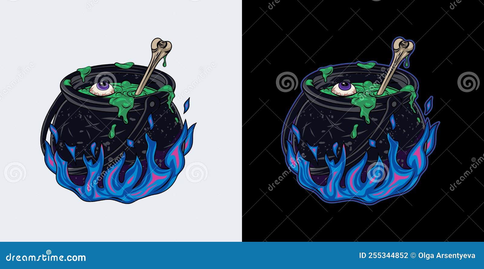 Witch Cauldron with Bubbling Green Liquid, Brew with Violet Eye, Bone ...
