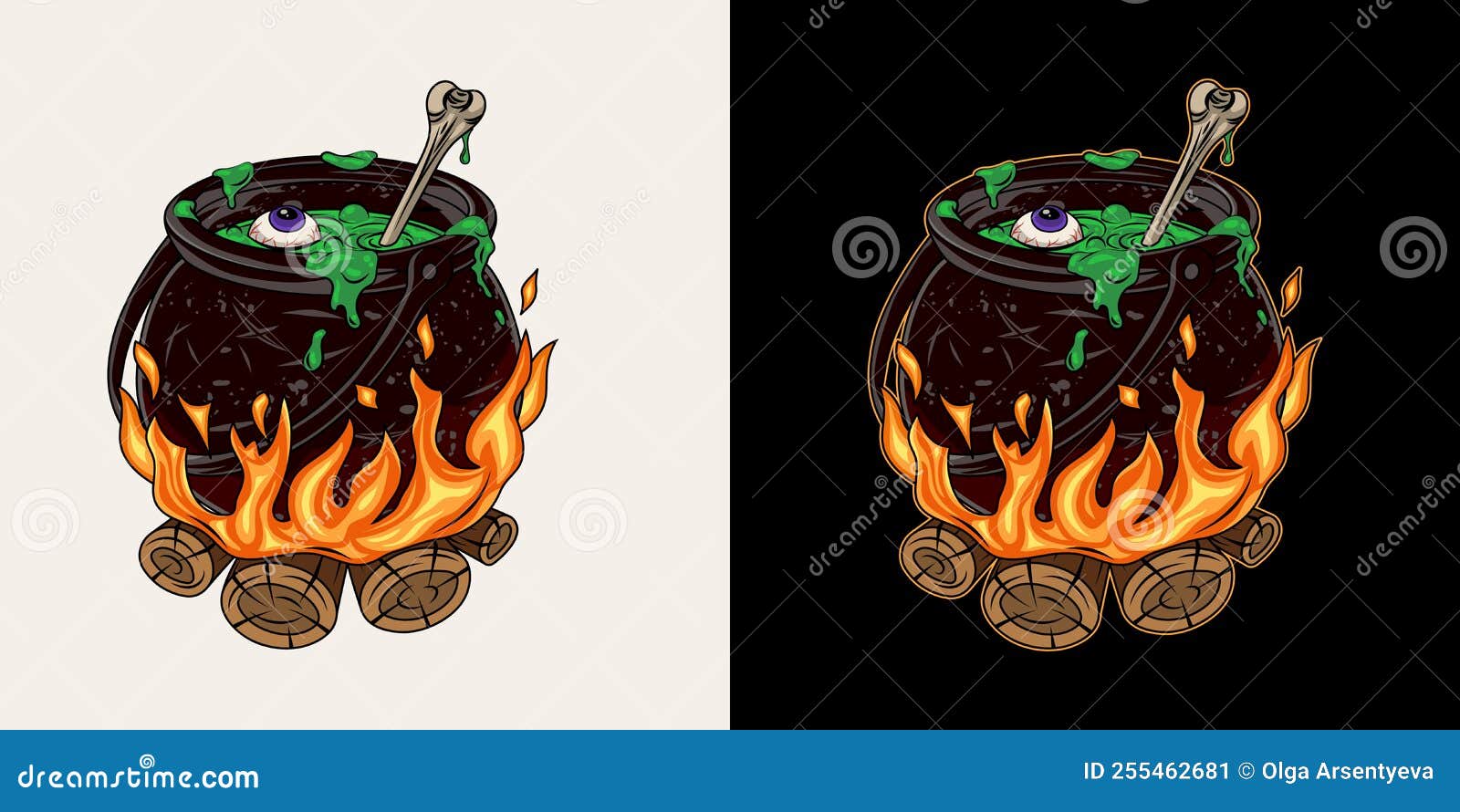 Witch Cauldron with Bubbling Green Liquid, Brew with Violet Eye, Bone ...