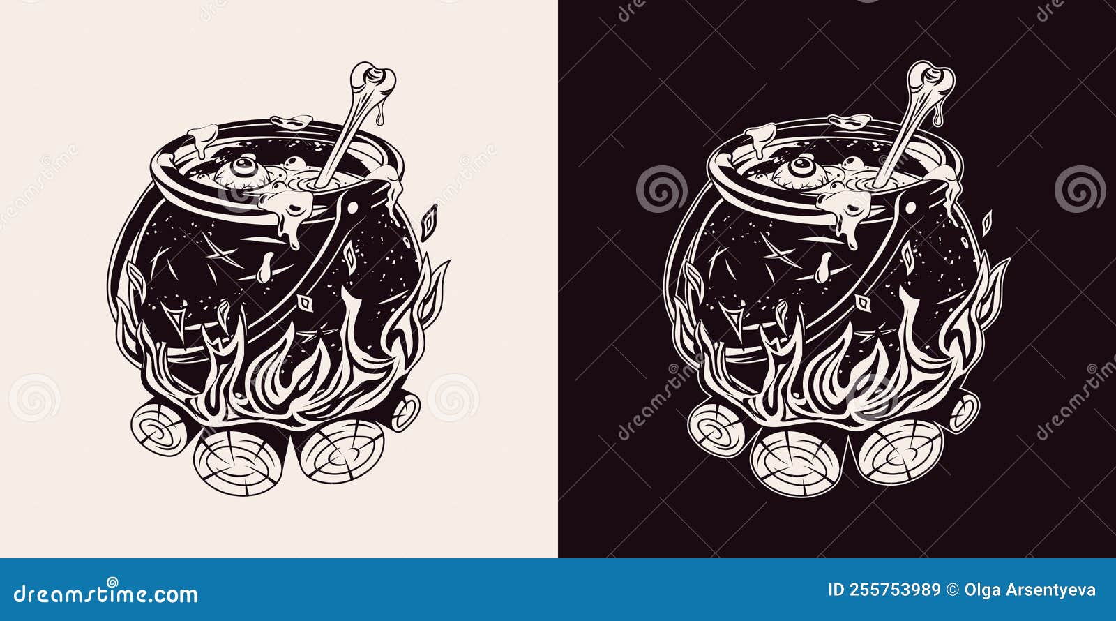 Witch Cauldron with Bubbling Liquid, Brew with Eye, Bone. Magic Potion ...