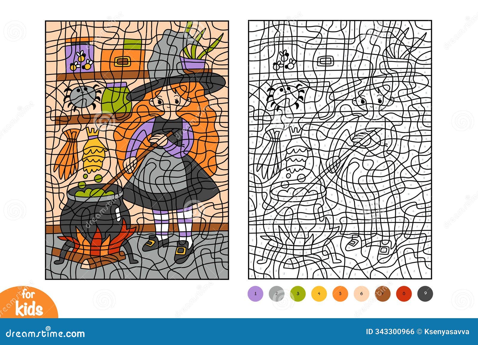 Witch and Cauldron with Magic Potion. Color by Number, Education Game ...