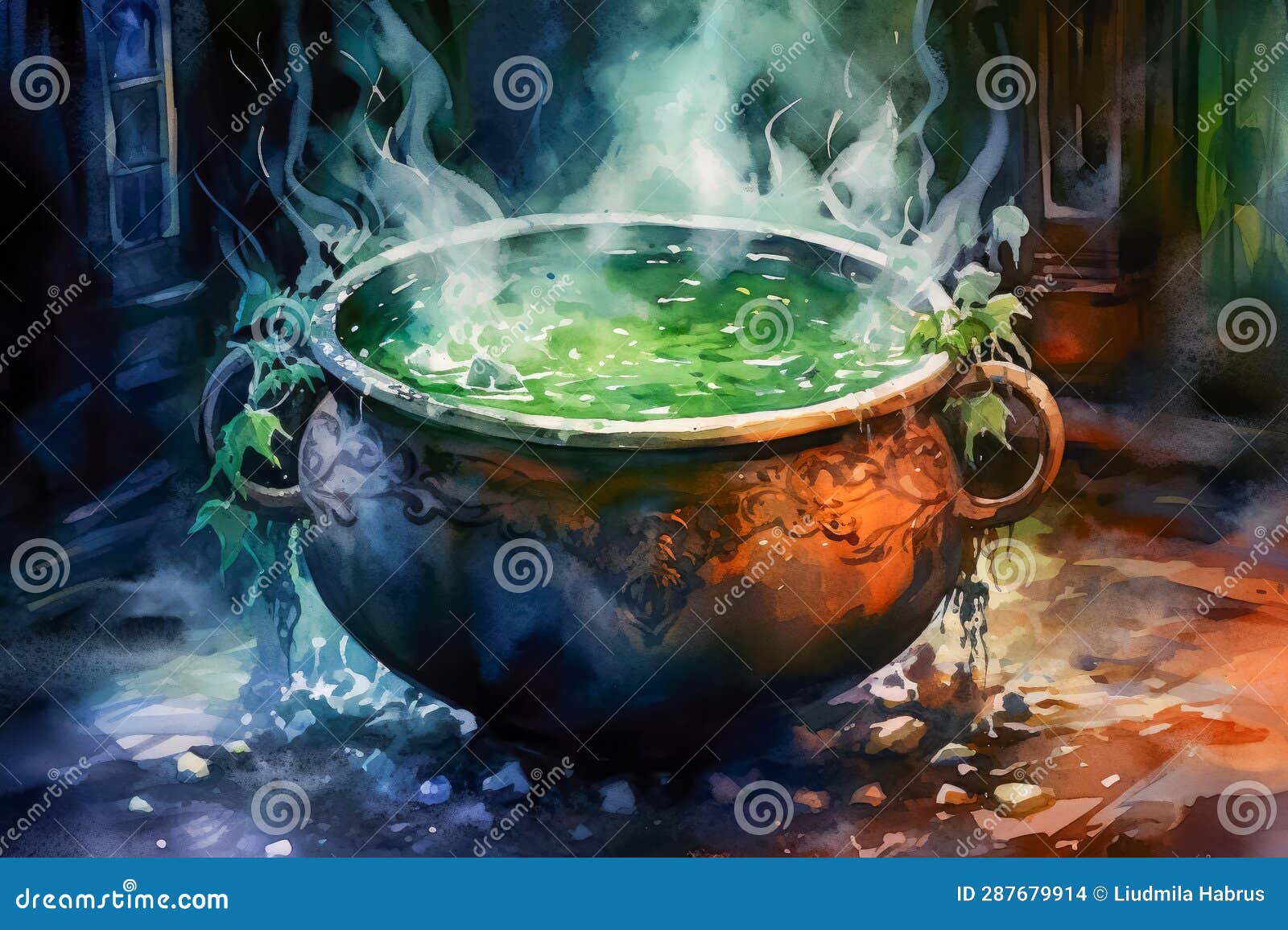Witch Cauldron with Magic Potion in the Dark Forest. Fantasy ...