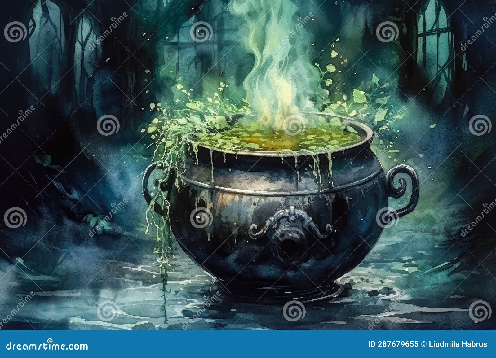 Witch Cauldron with Magic Potion in the Dark Forest. Fantasy ...