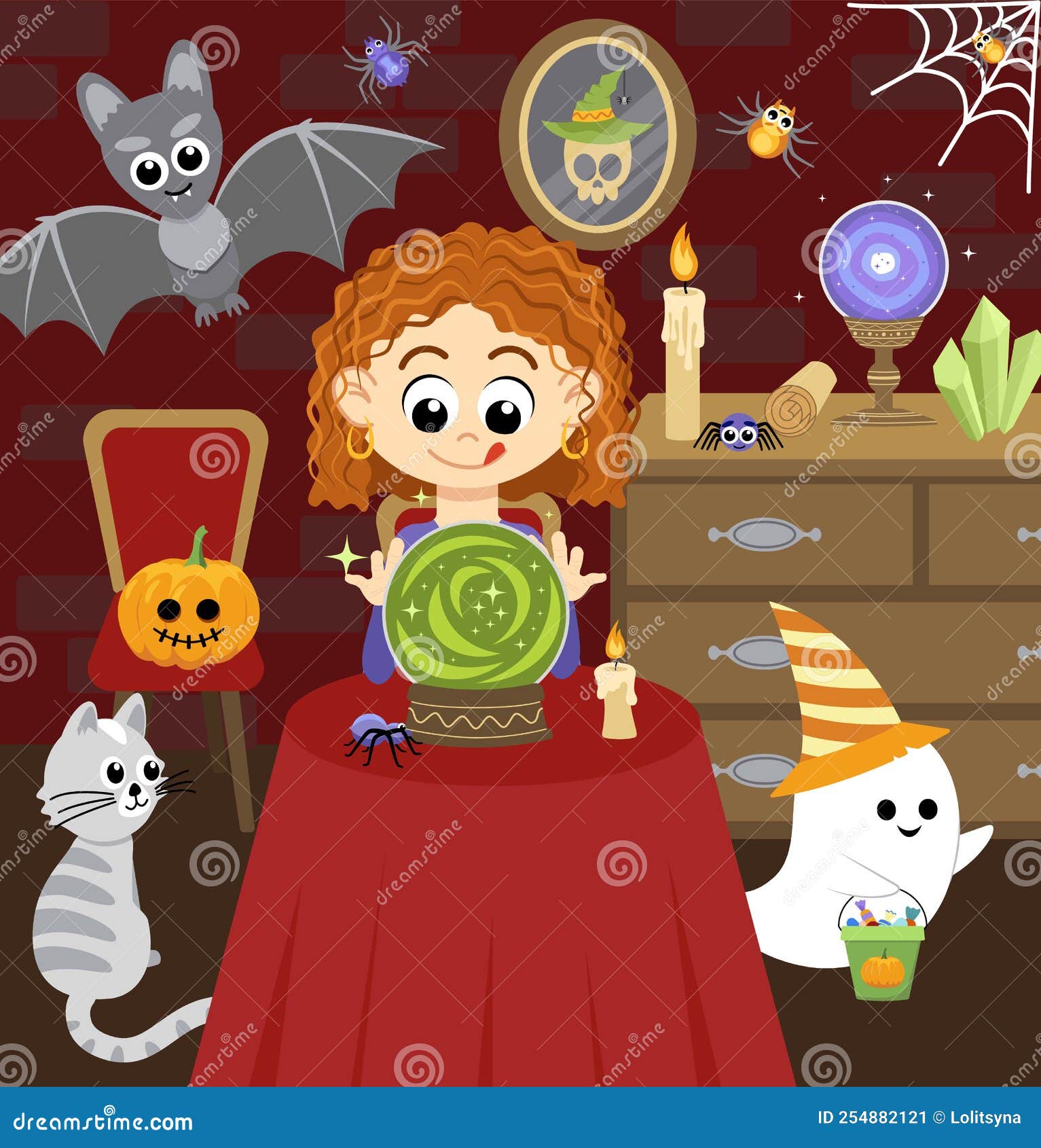 Witch is Conjuring by Magic Crystal Ball. Halloween Cartoon Interior ... Witch is Conjuring by Magic Crystal Ball. Halloween Cartoon Interior ...