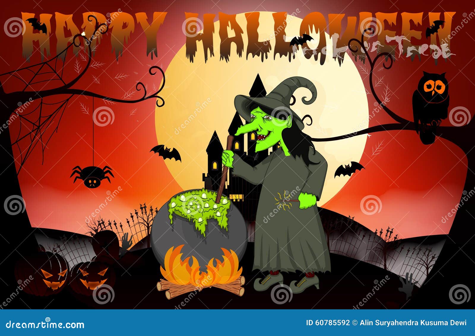 Witch Cooking, Castle and Full Moon Vector Illustration for Happy ...