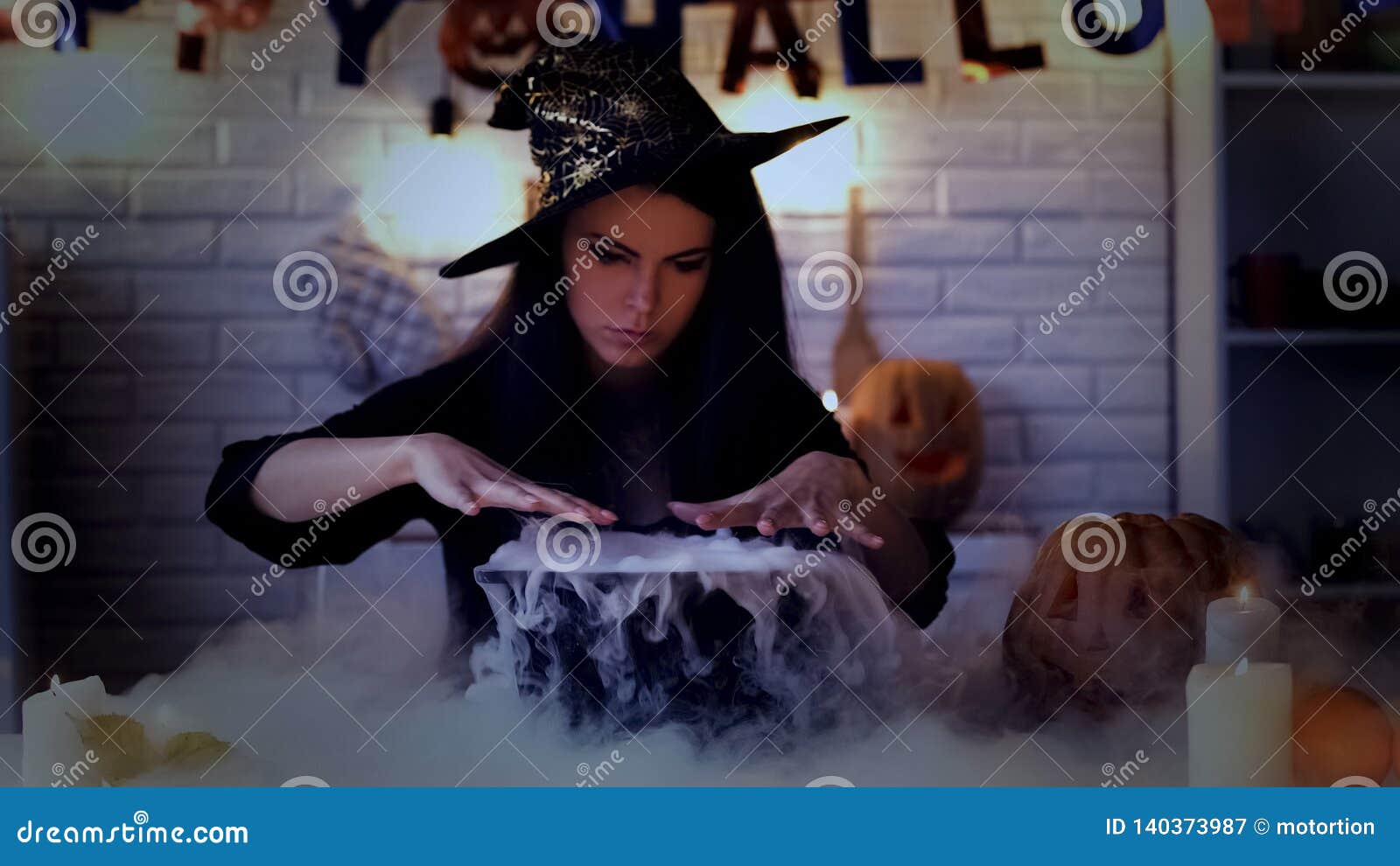 Witch Cooking Magical Potion in Cauldron, Bubbling with White Smoke ...
