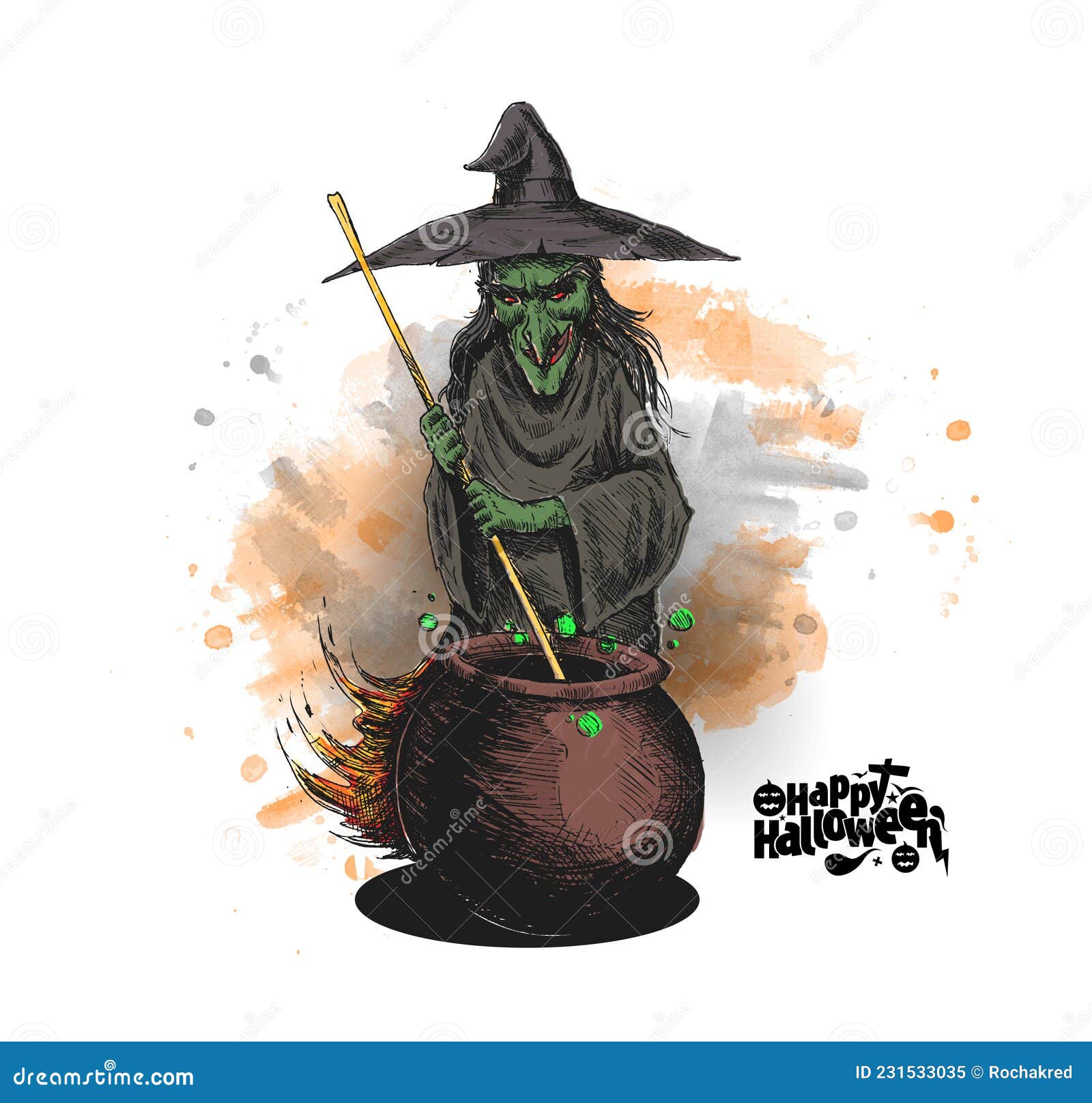 Witch Cooking Potion in Pot and Text Happy Halloween, Hand Drawn Sketch ...