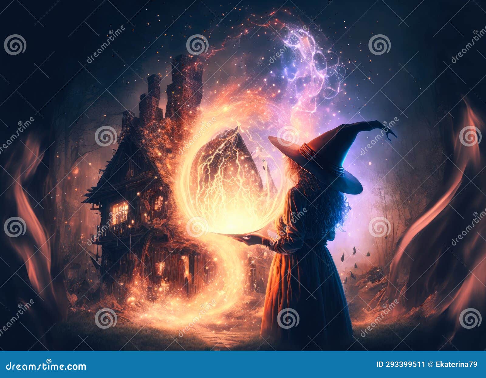 A Witch Doing Magic in Front of a House in a Forest. Created with ...