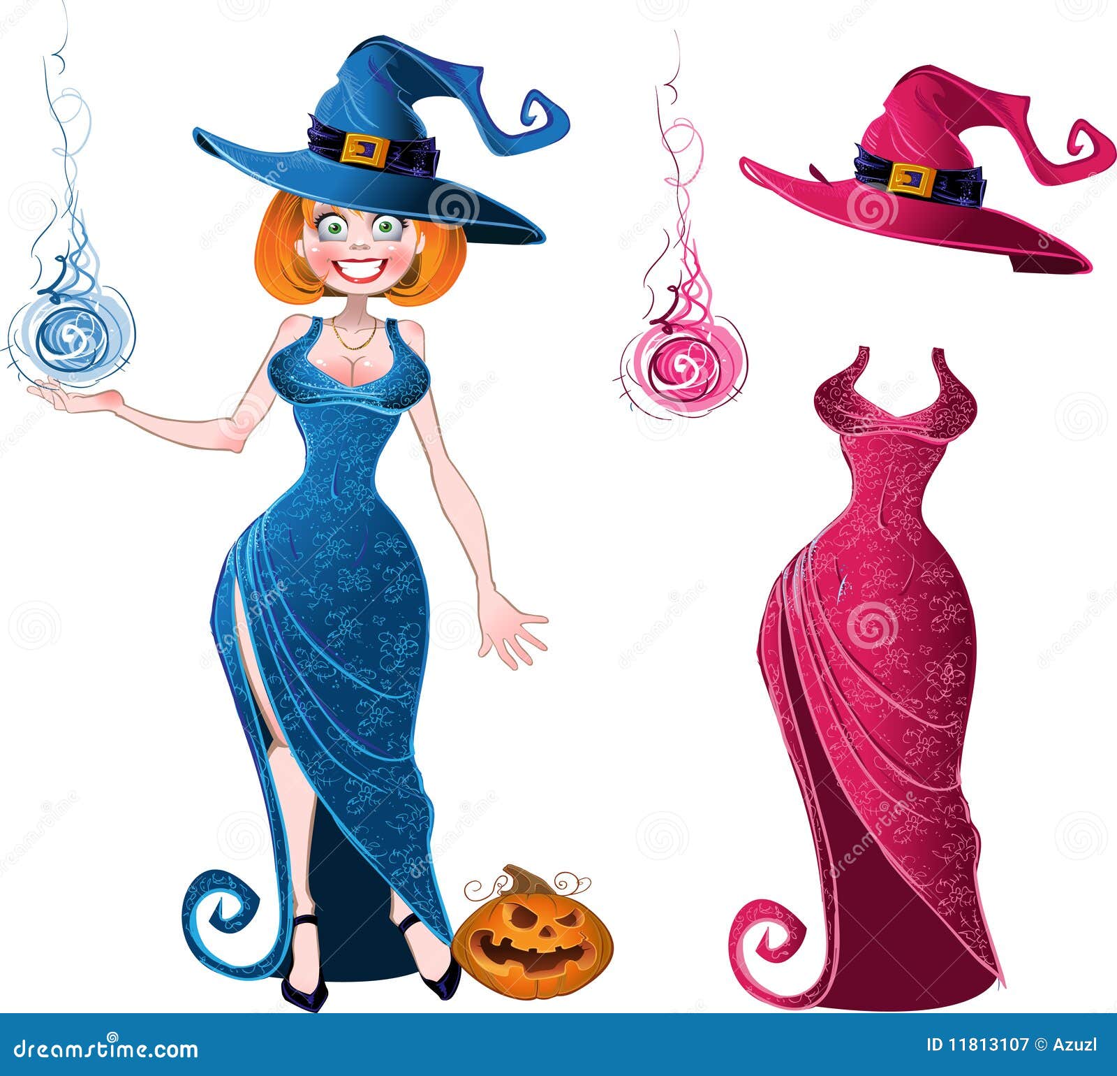 Witch with Fireball in Blue Dress and Pink Batch Stock Illustration ...