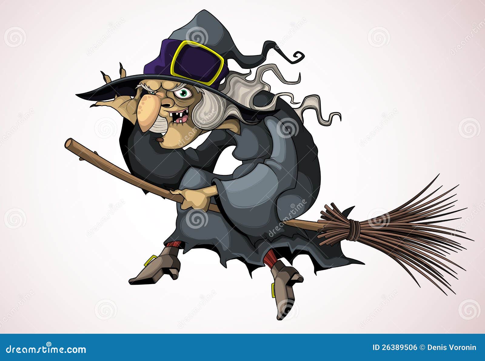 Witch Flying On A Broomstick At Night. Black And White Illustration Of ...