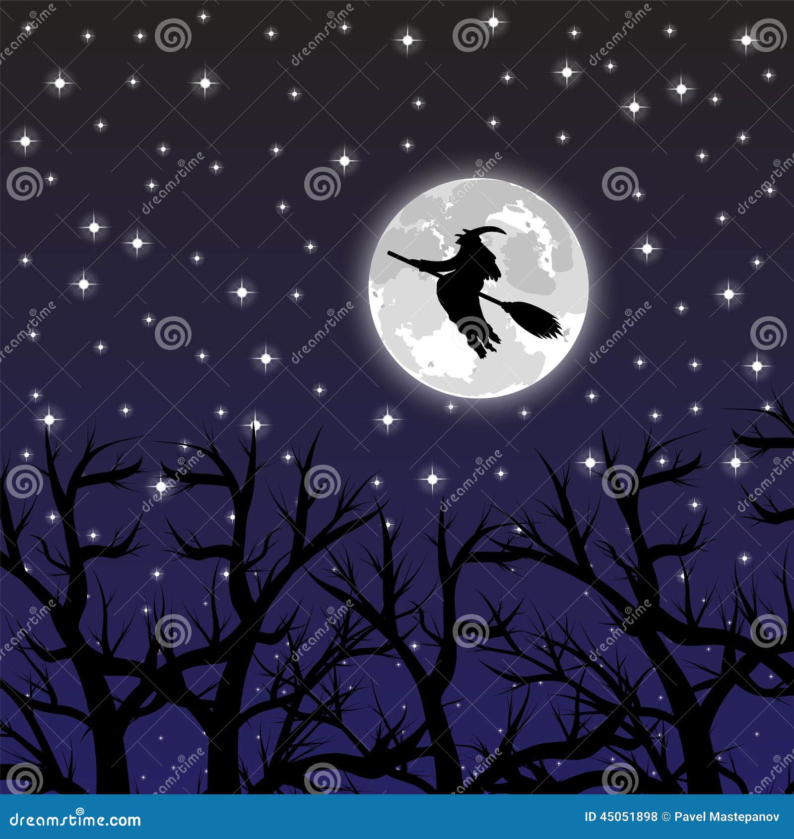 Witch Flying on a Broom on a Full Moon Stock Illustration ...