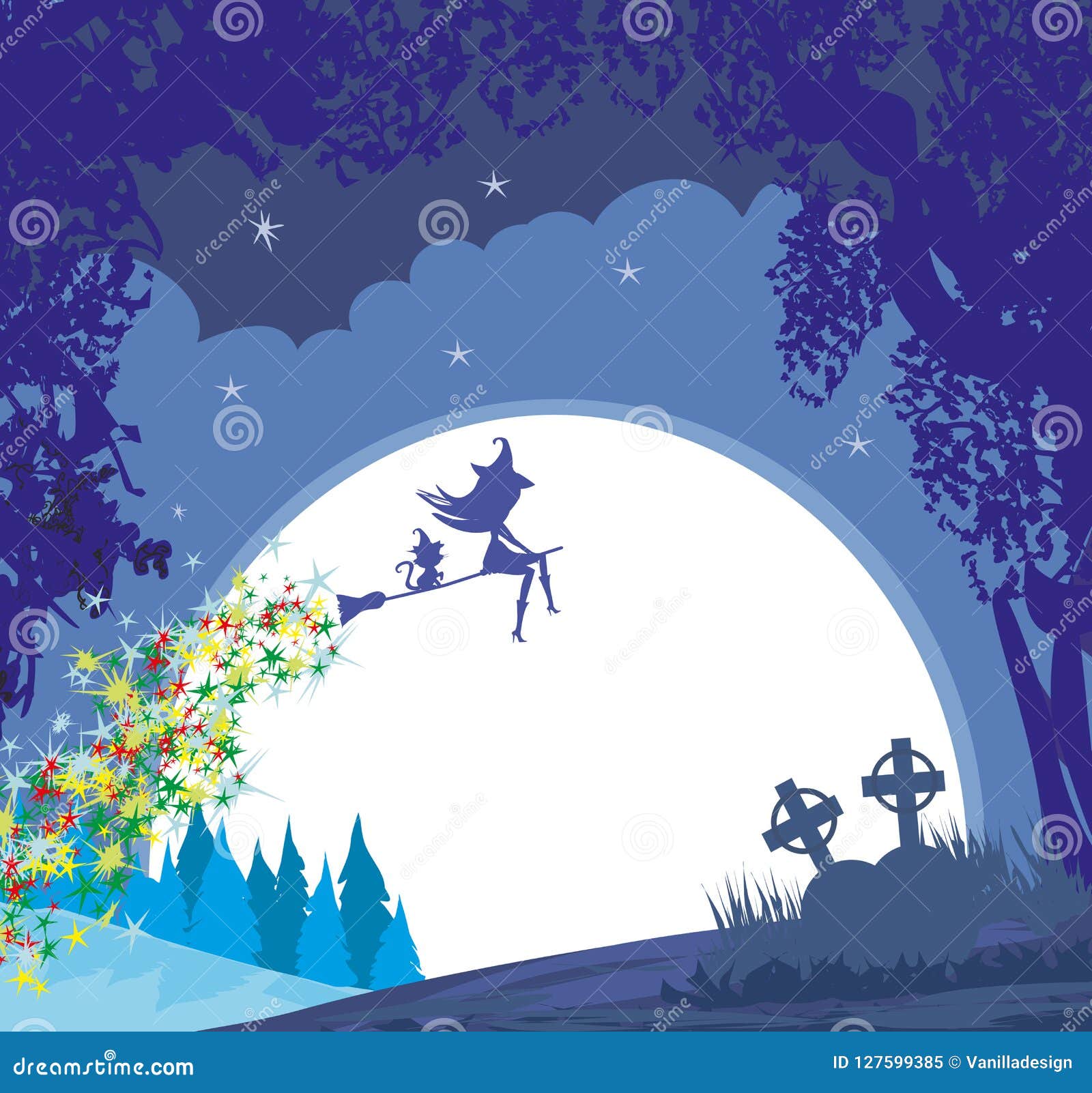 Witch Flying on a Broom in Moonlight Stock Vector - Illustration of ...
