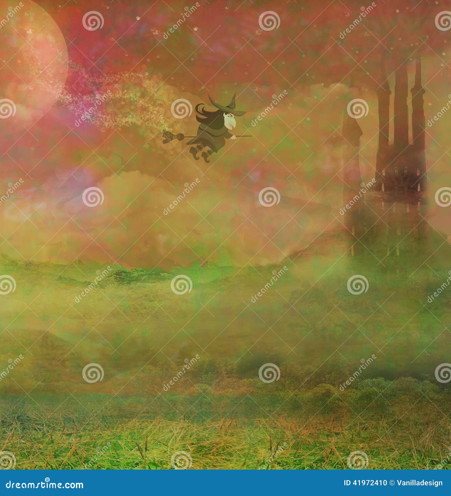 Witch Flying on a Broom in Moonlight. Stock Illustration - Illustration ...