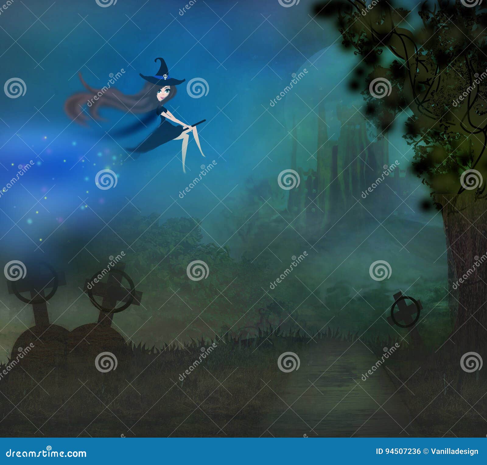 Witch Flying on a Broom in Moonlight. Stock Illustration - Illustration ...