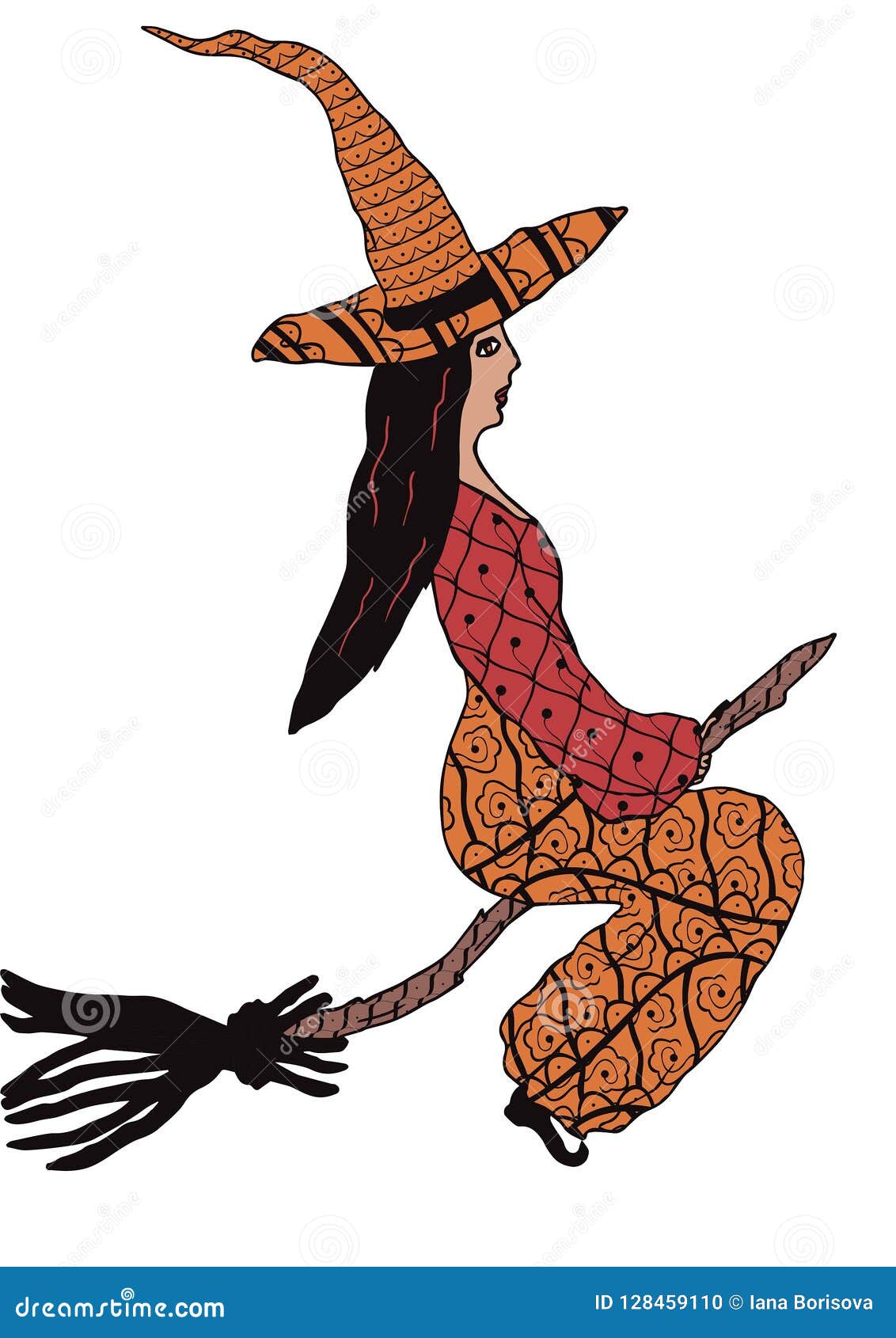 Witch Flying on a Broom with Patterns in the Style of Zenart. Freehand ...