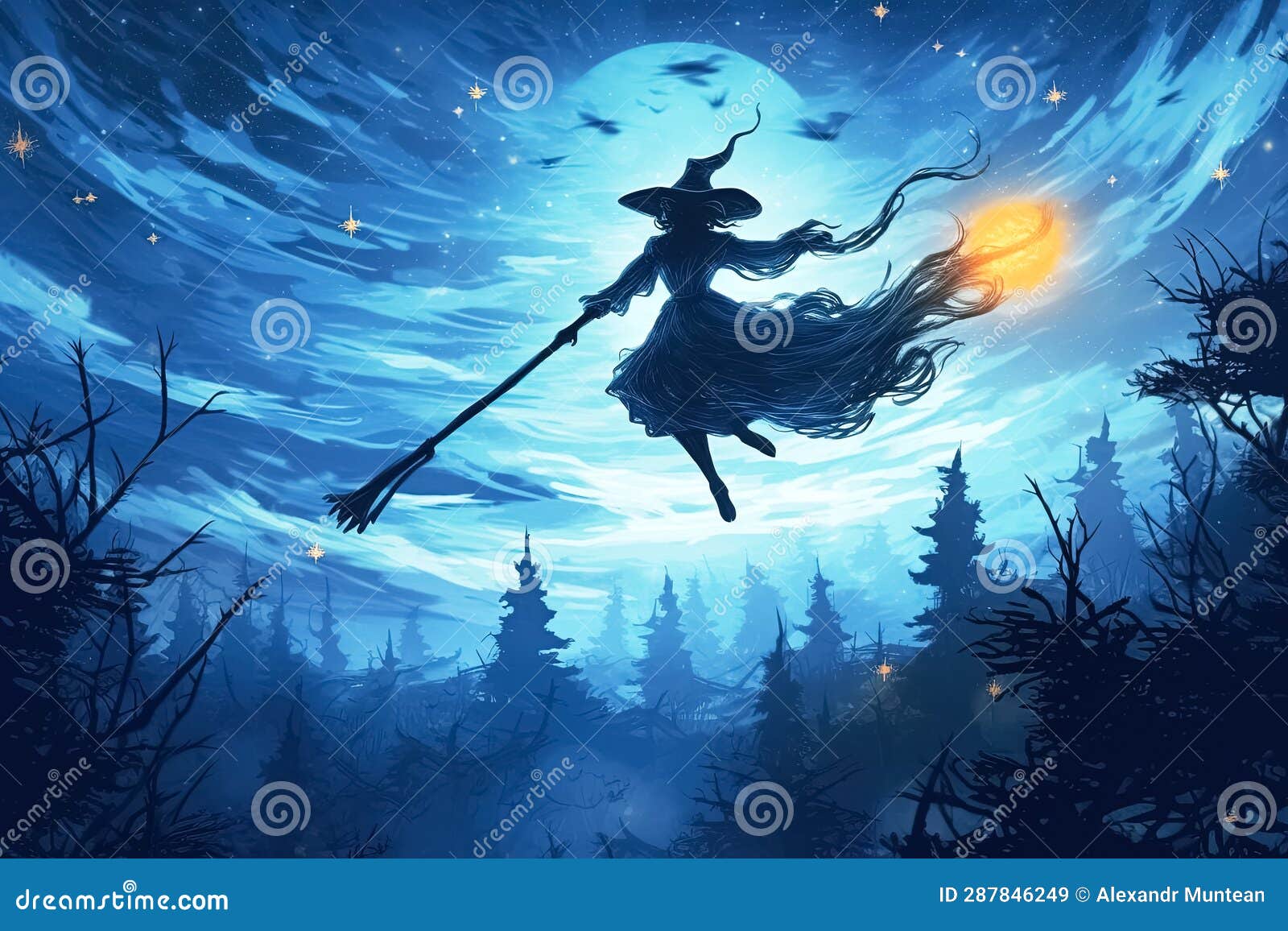 Witch Flying, Halloween Concept. Stock Illustration - Illustration of ...