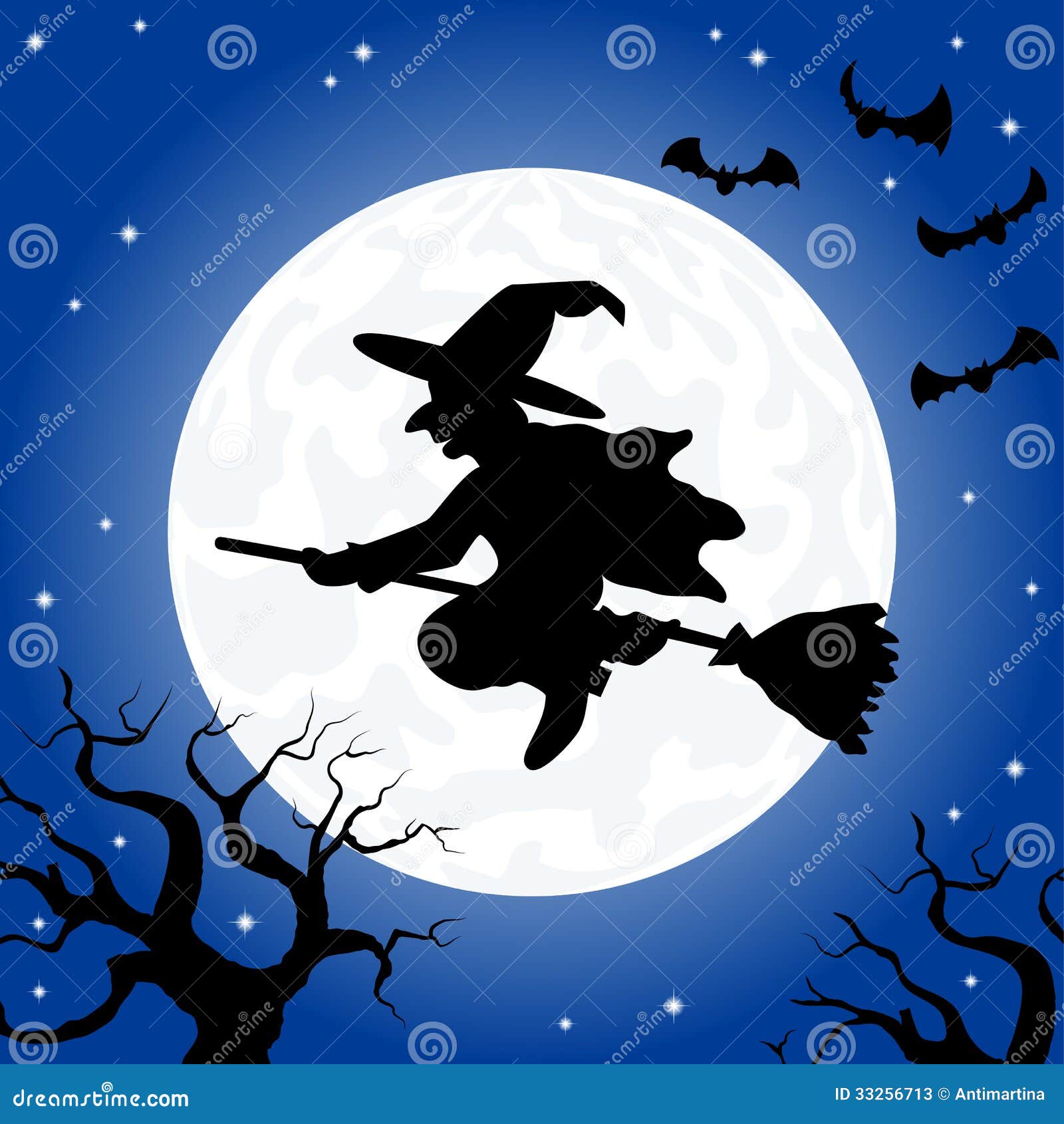 Witch flying over the moon stock vector. Illustration of seasonal ...