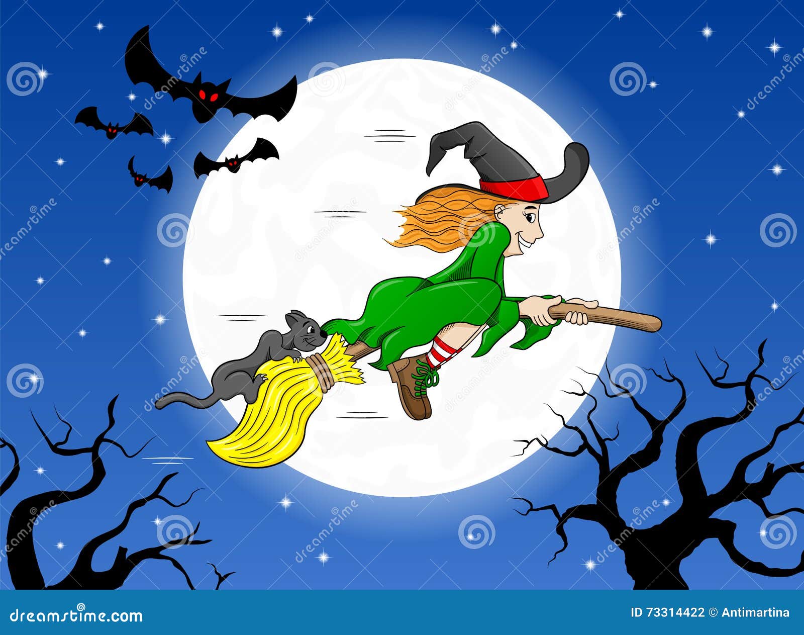 Witch flying over the moon stock vector. Illustration of halloween ...