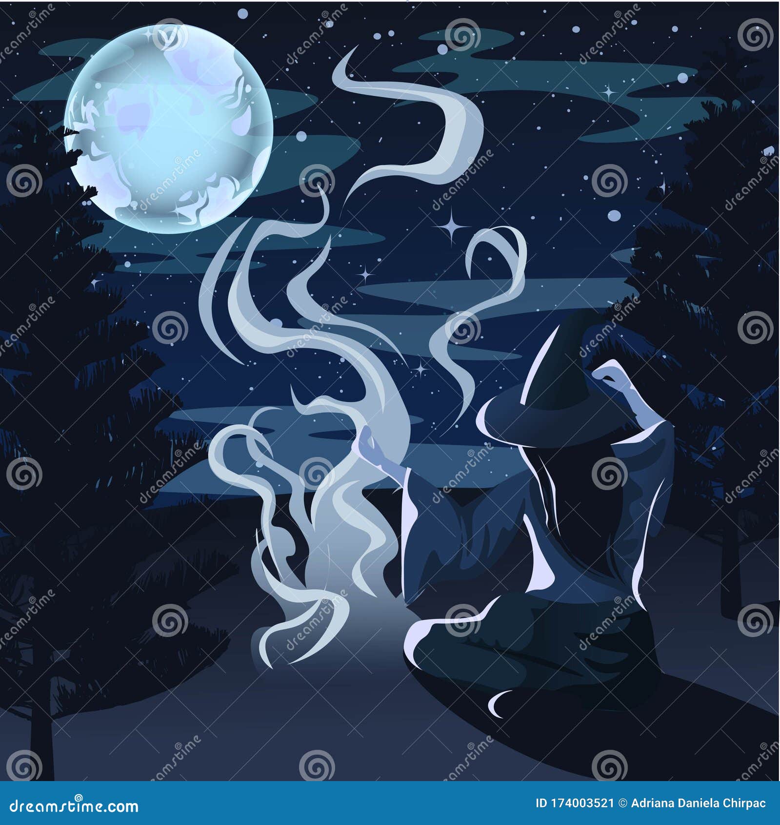 Witch In Front Of A Fire Casting Spells. Night Forest Landscape With ...