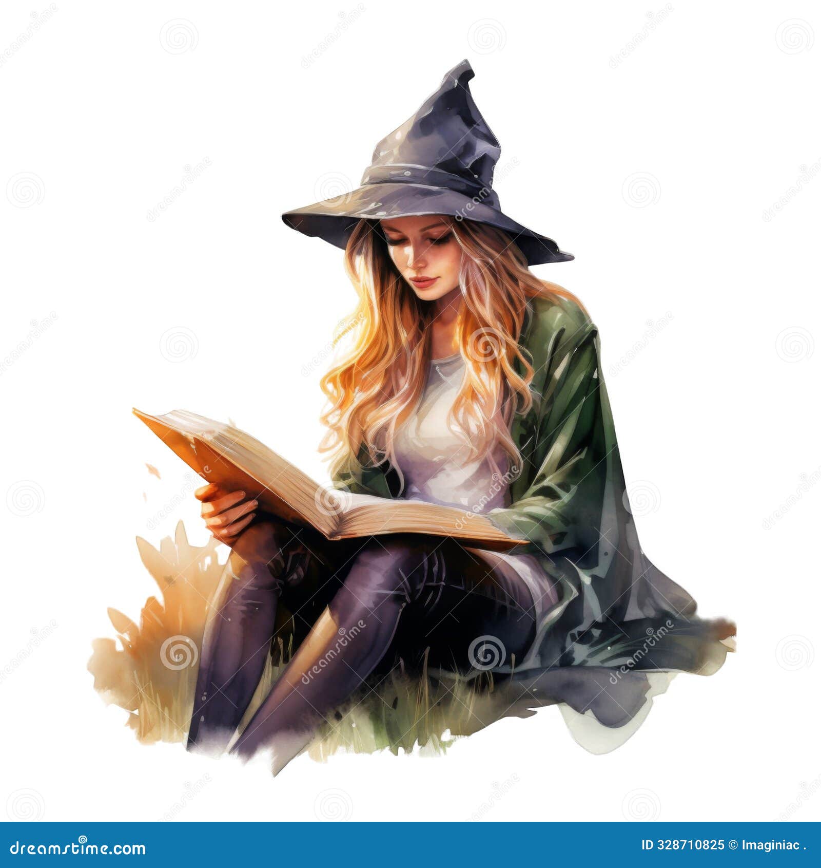 A Witch Reading a Book in a Meadow Stock Illustration - Illustration of ...