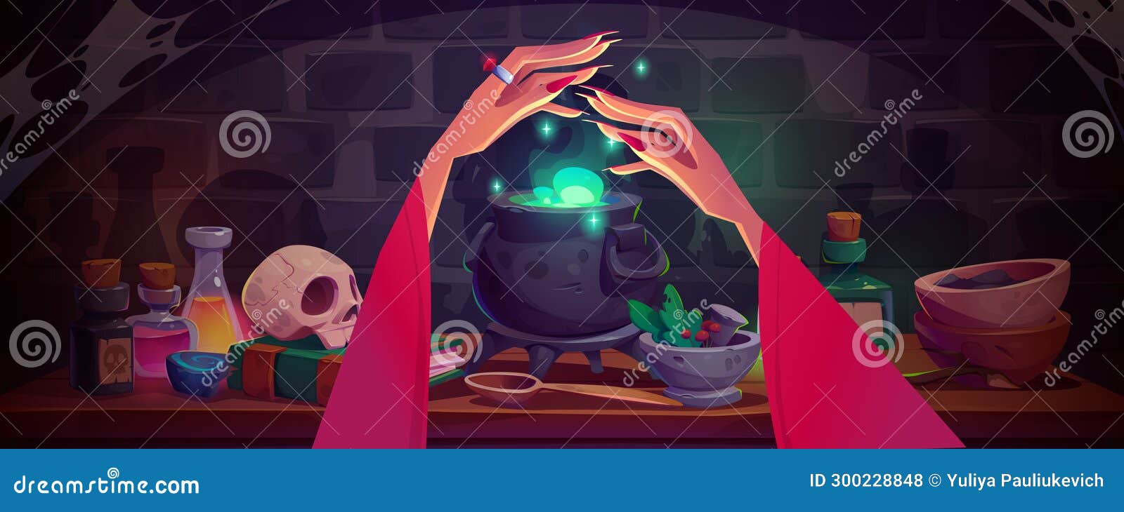 Witch Hands Conjuring Over Cauldron with Potion Stock Vector ...