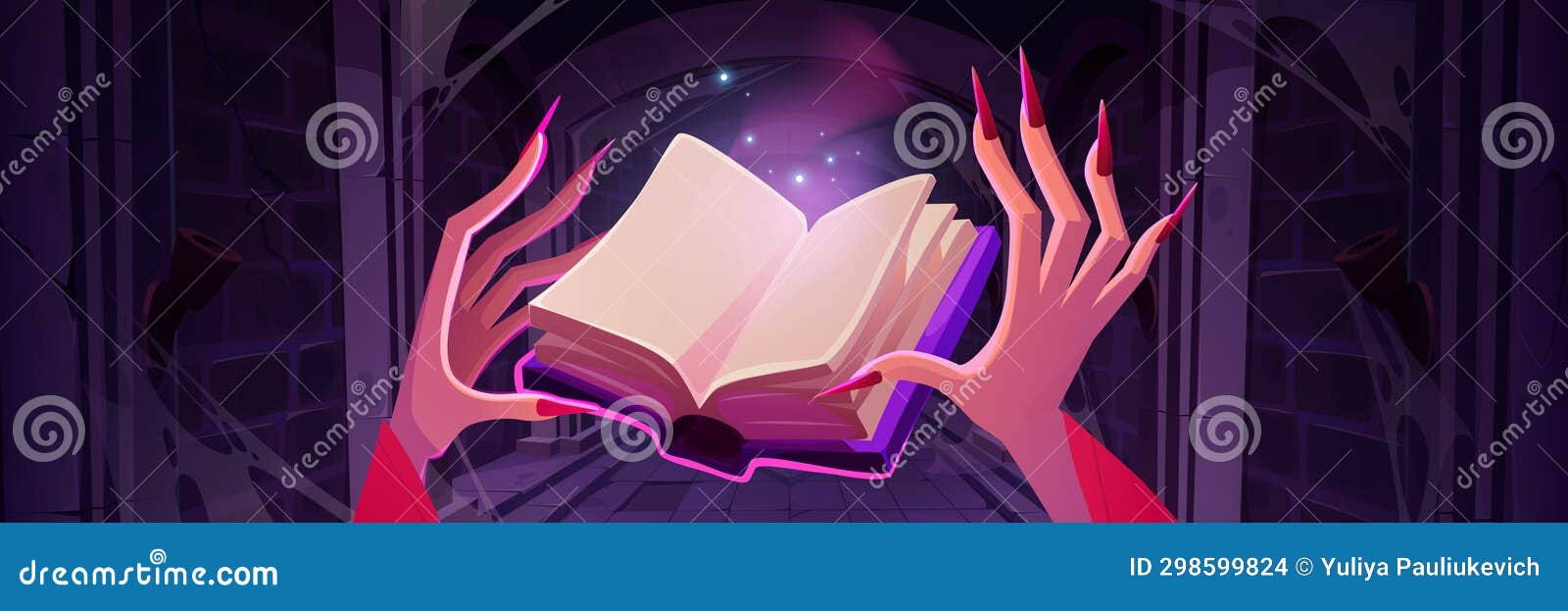 Witch Hands with Spell Book in Abandoned Dungeon Stock Illustration ...