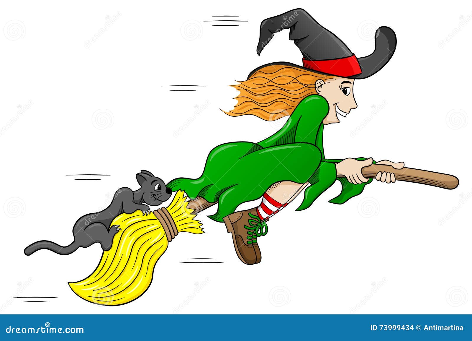 Witch and Her Cat Flying on a Broom Stock Vector - Illustration of ...