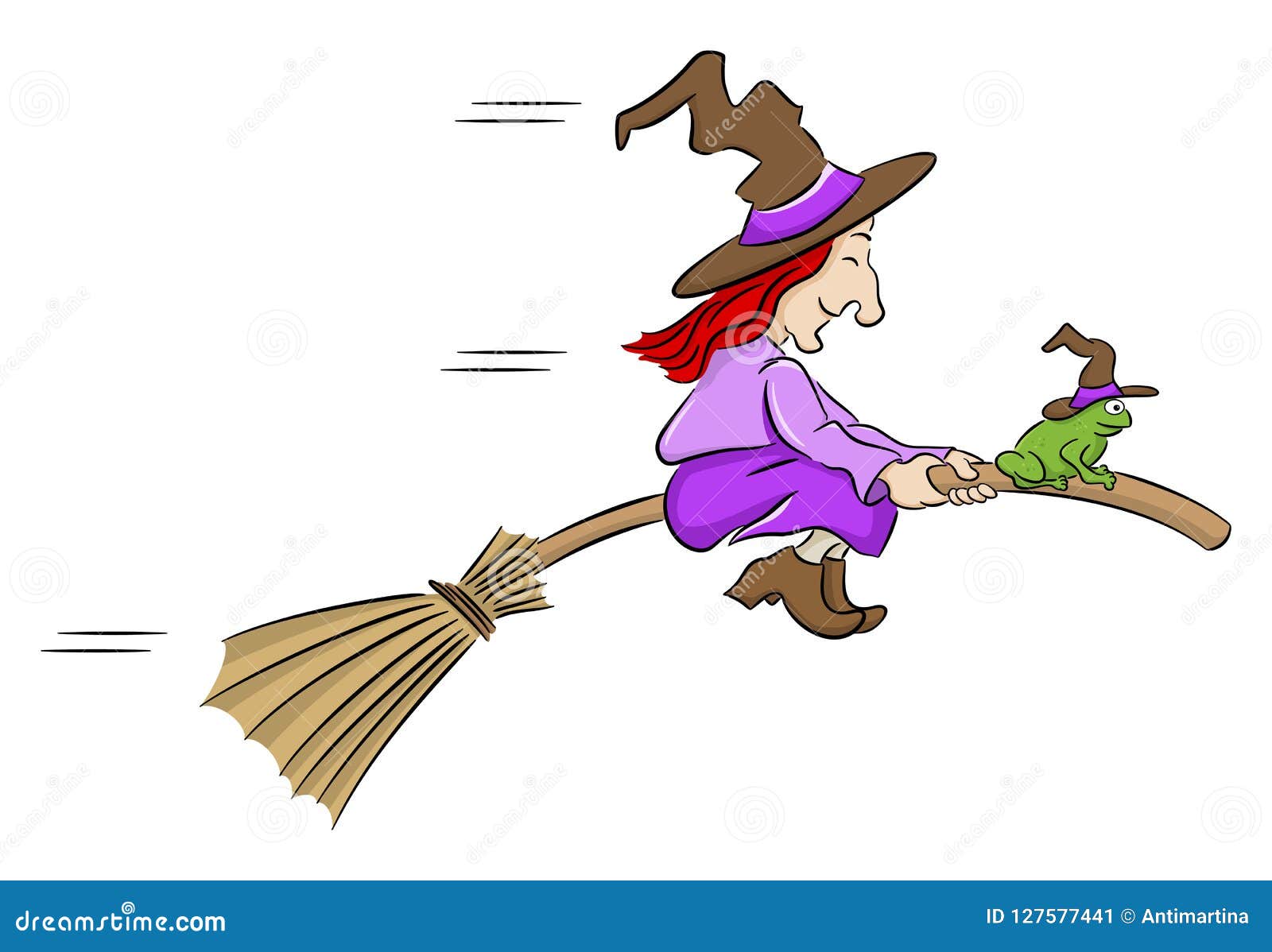 Witch and Her Toad Flying on a Broom Stock Vector - Illustration of ...
