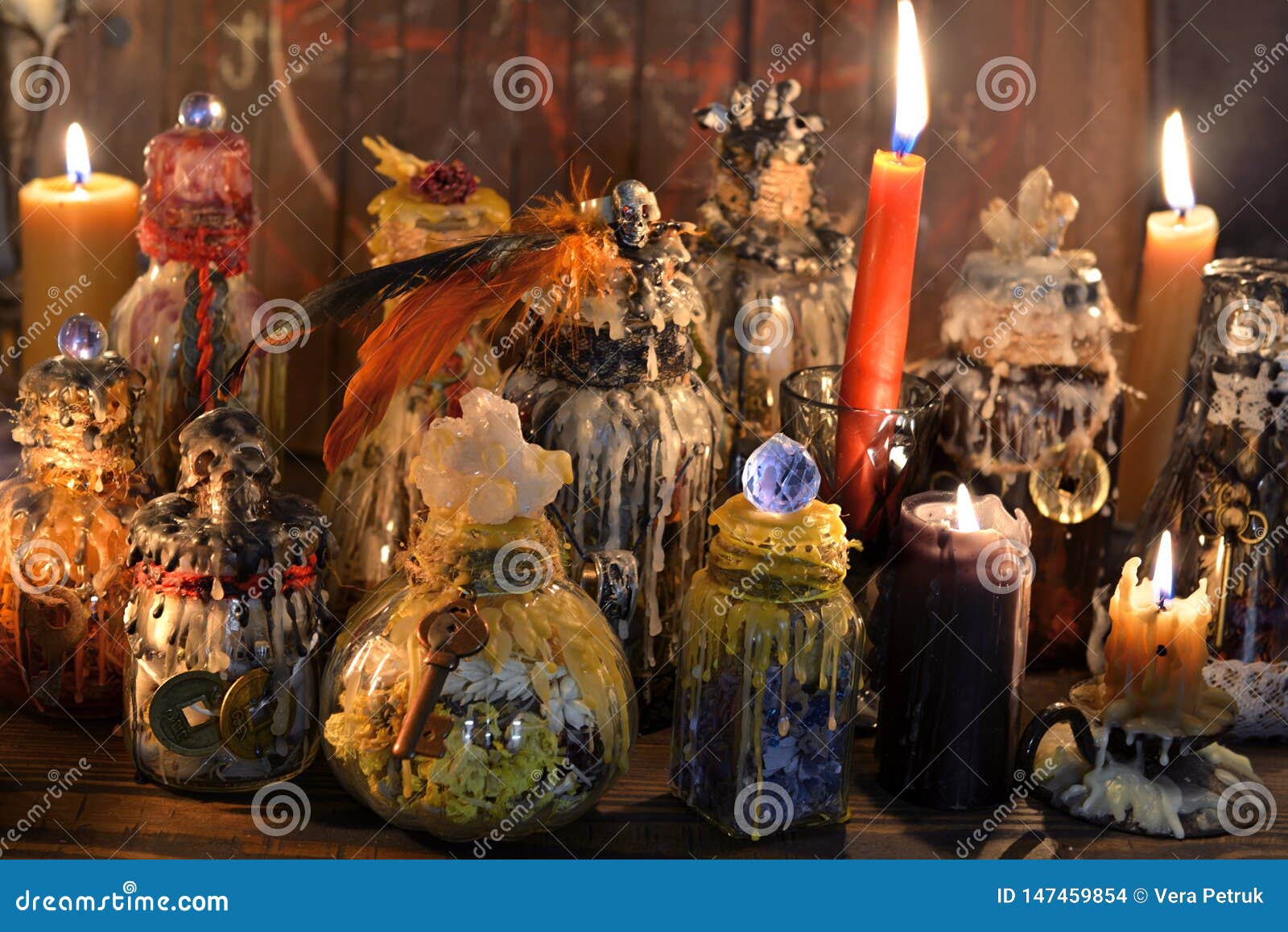 Witch Laboratory with Alchemy Magic Bottles in Candlelight Stock Photo ...