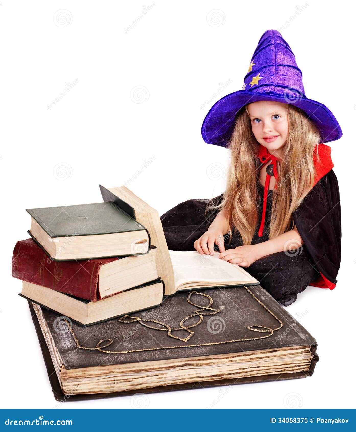 Witch Little Girl with Stack Book. . Stock Image - Image of girl, fall ...