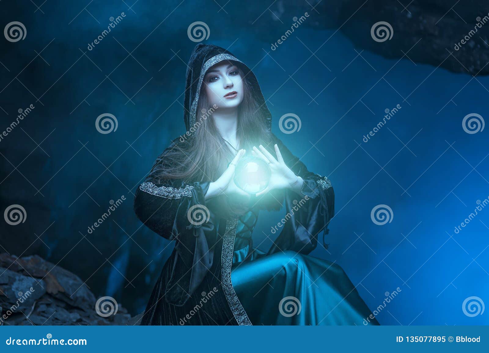 The Witch with Magic Ball in Her Hands Causes a Spirits Stock Image ...