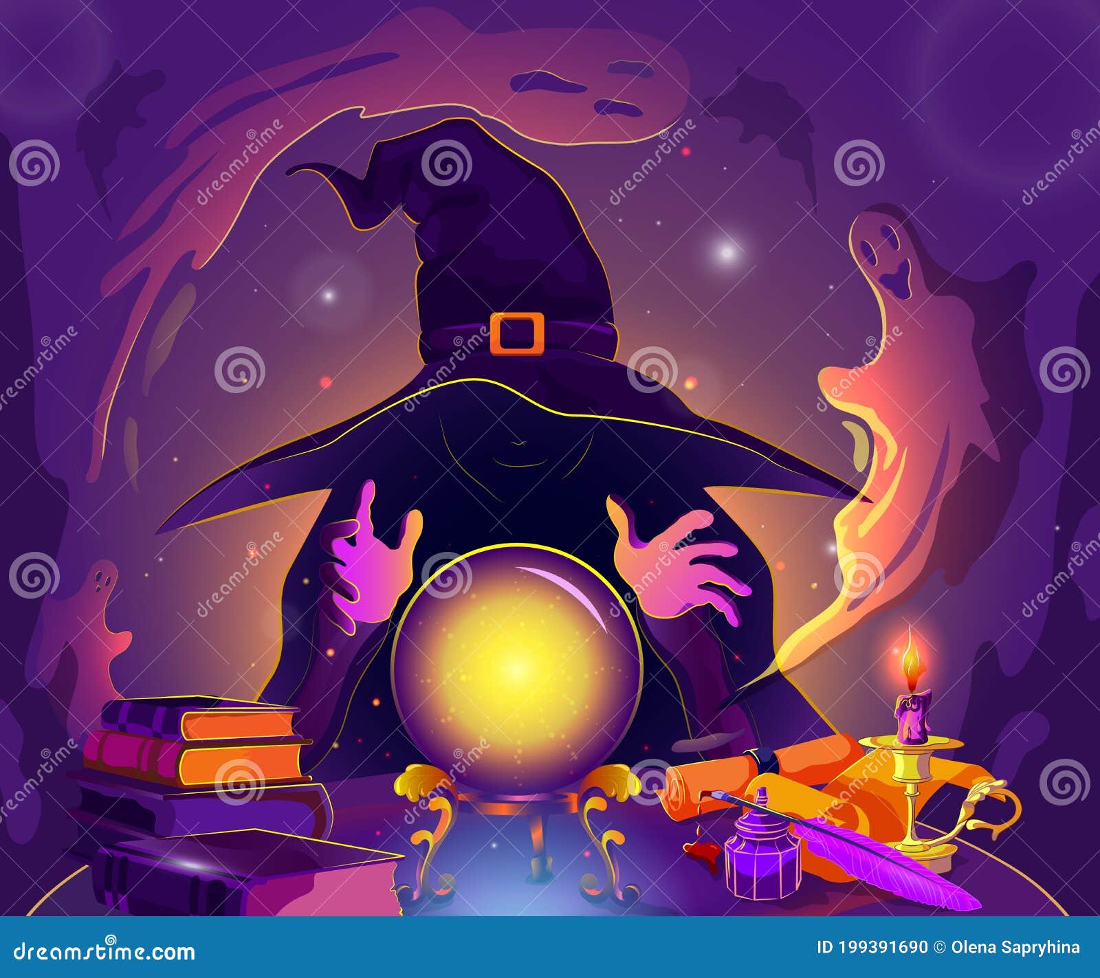 Witch with magic ball stock vector. Illustration of castle - 199391690