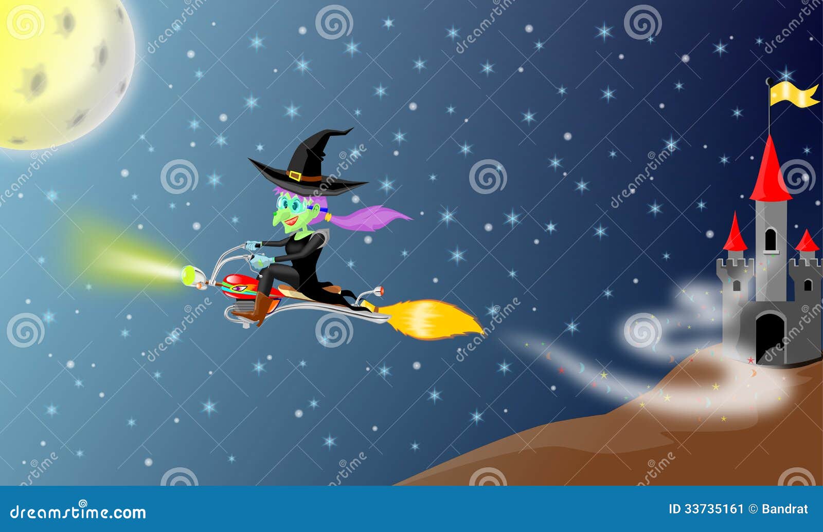 Witch and Motor Broomstick Flying Stock Illustration - Illustration of ...