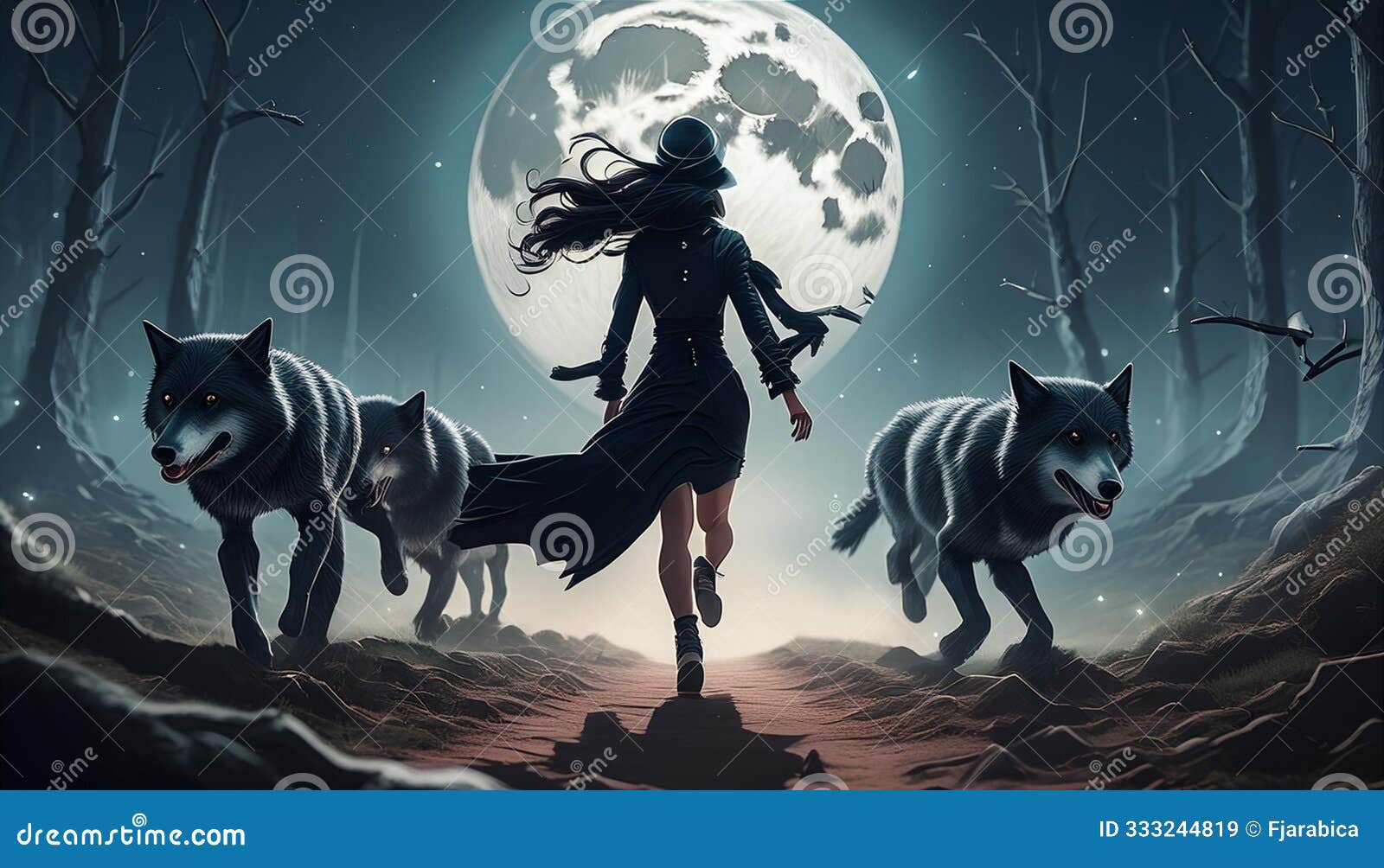 Witch in the Night Forest among Wolves Stock Illustration ...