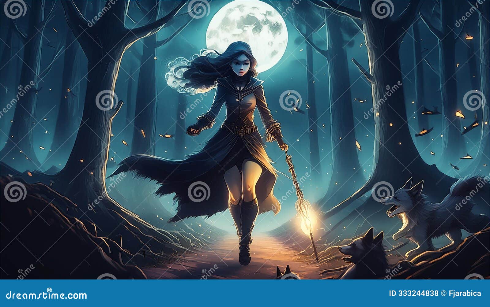 Witch in the Night Forest among Wolves Stock Illustration ...