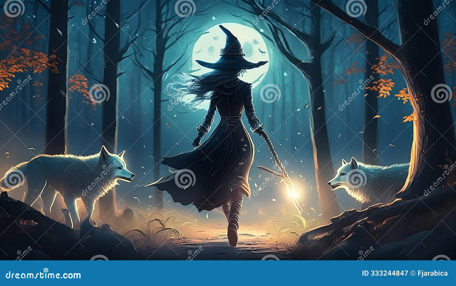 Witch in the Night Forest among Wolves Stock Illustration ...