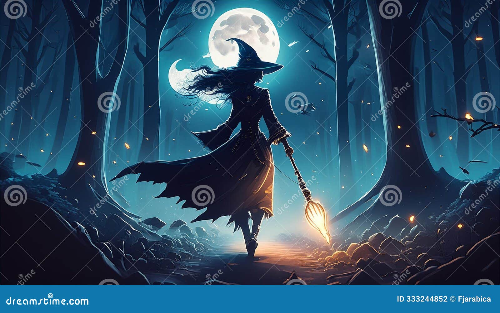 Witch in the Night Forest among Wolves Stock Illustration ...