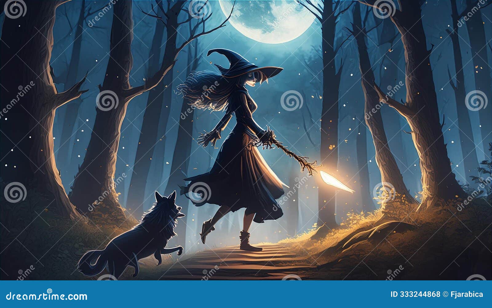 Witch in the Night Forest among Wolves Stock Illustration ...