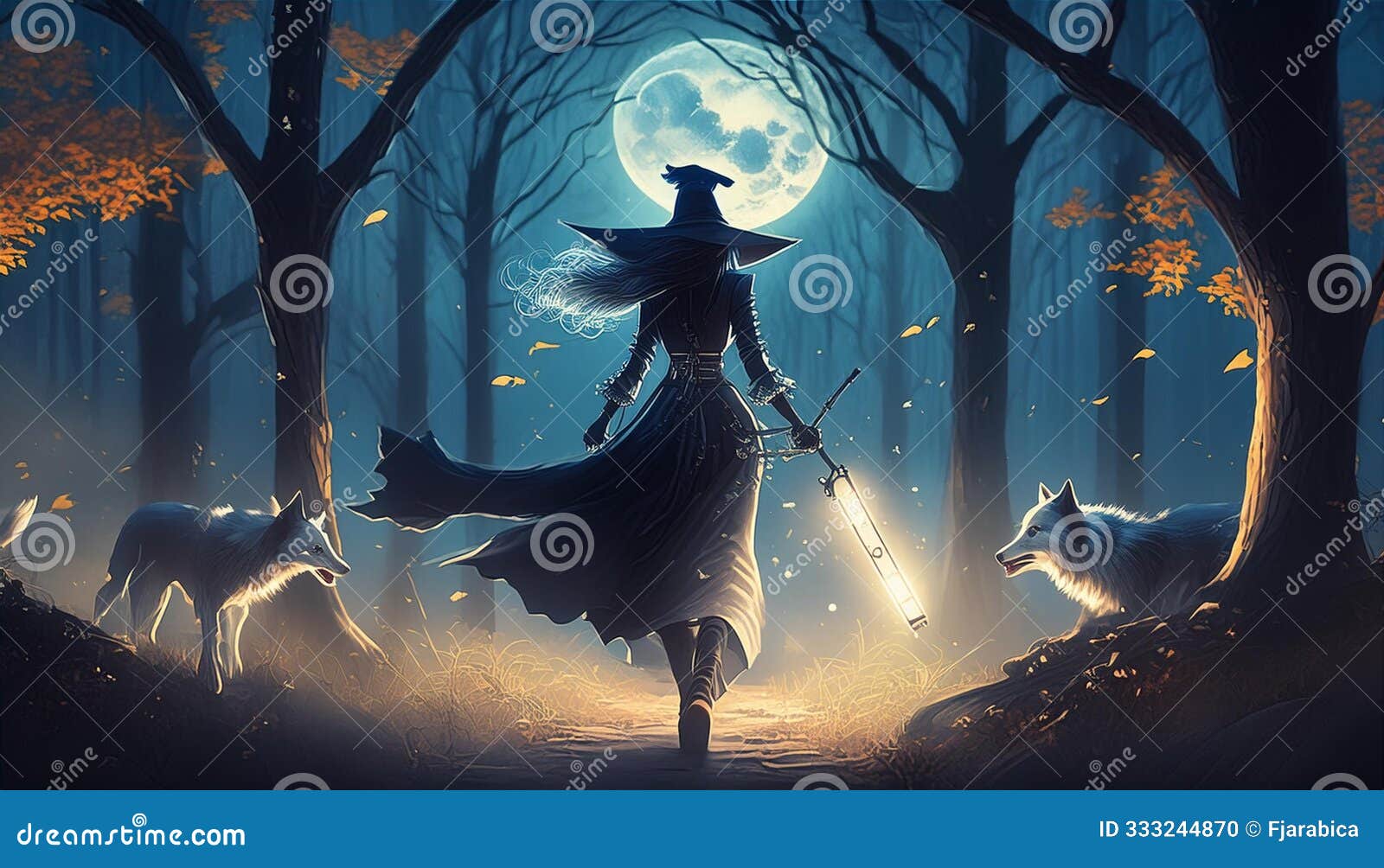 Witch in the Night Forest among Wolves Stock Illustration ...