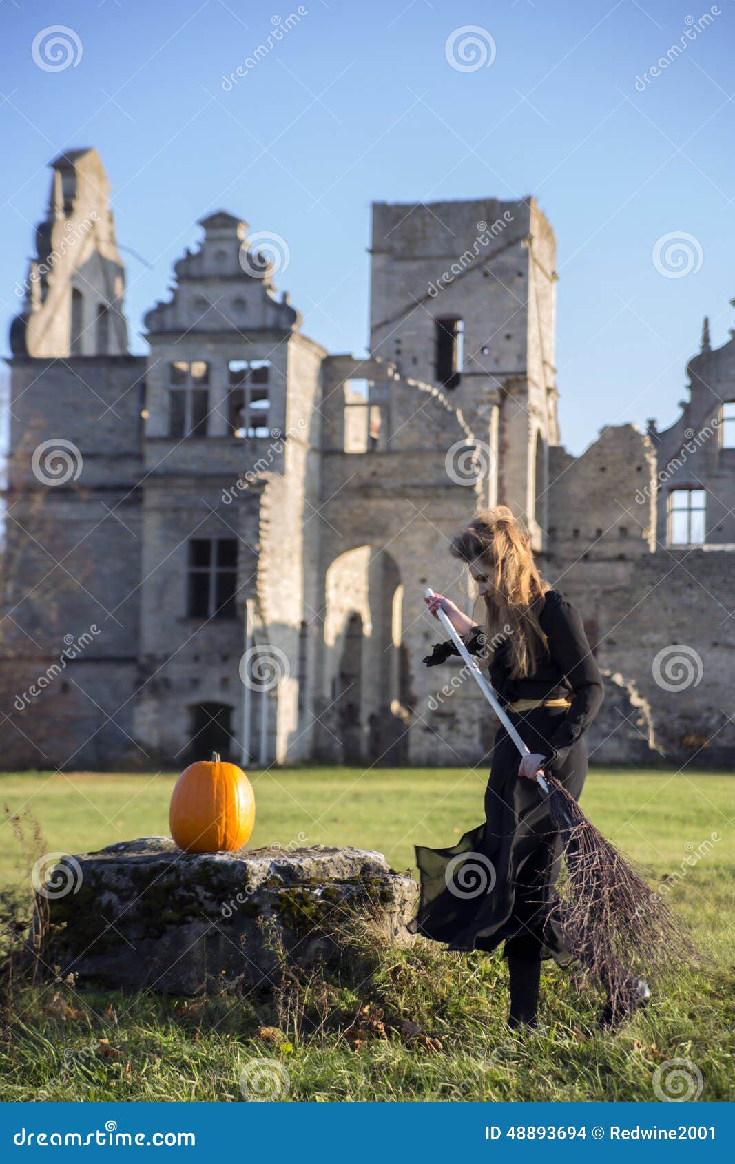 Witch With Pale Skin On Ruins Background Stock Photo | CartoonDealer ...