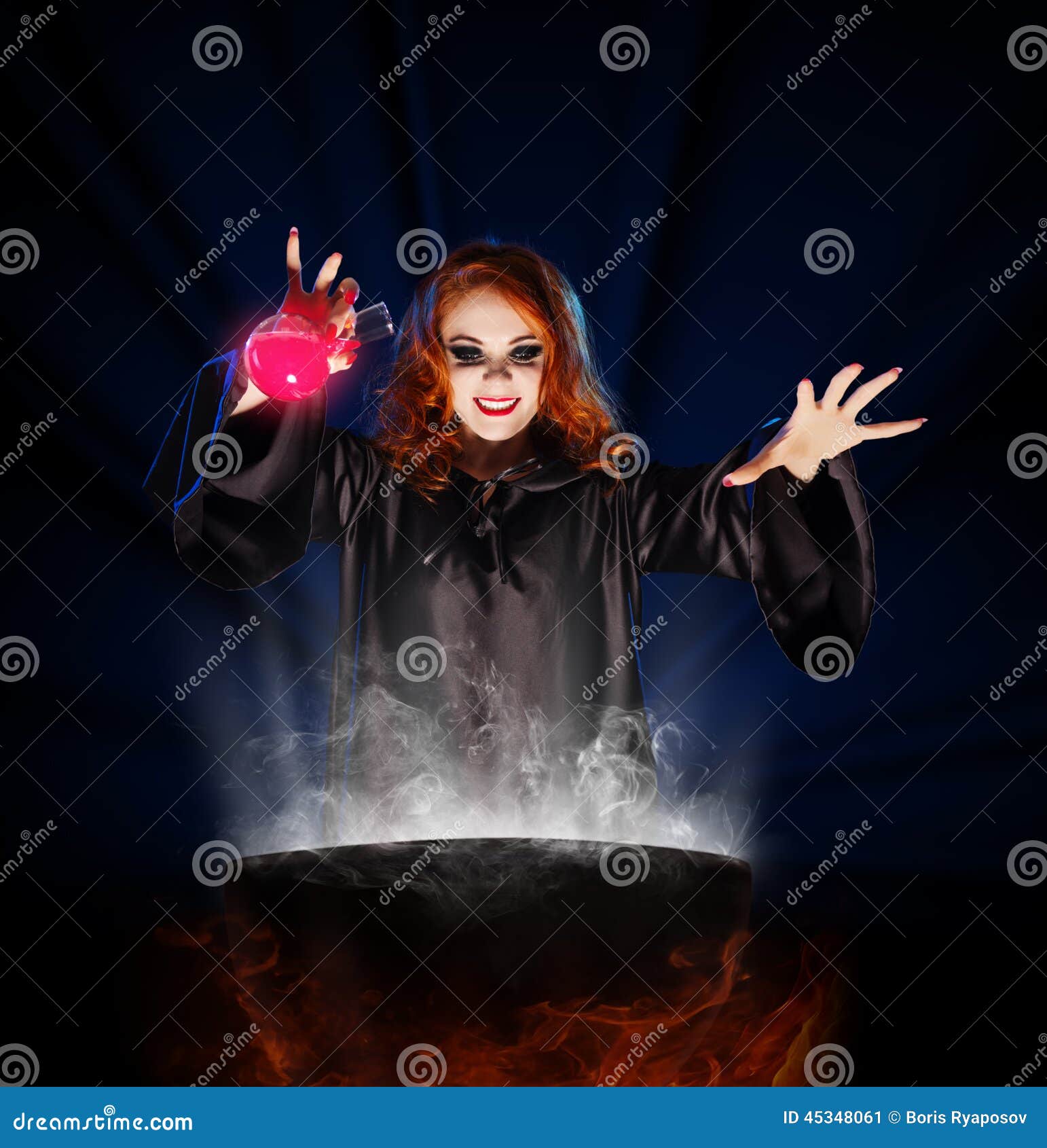 Witch with Potion and Cauldron on Blue Rays Background Stock Image ...